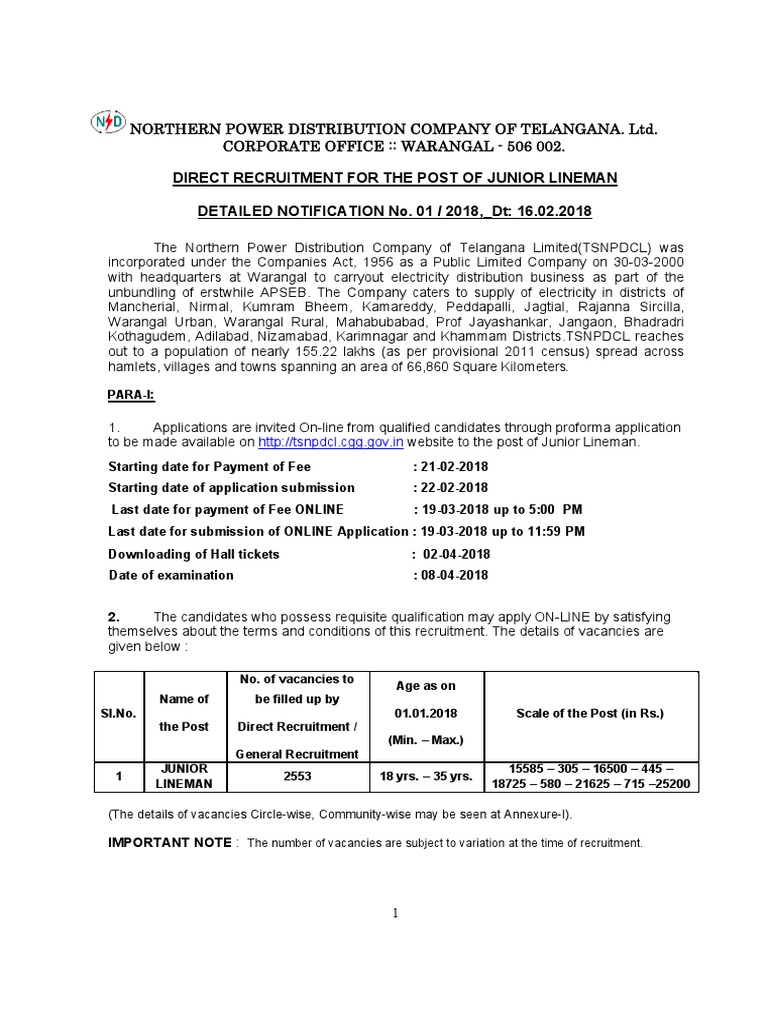 TSNPDCL Junior Lineman Recruitment 2025 | PDF | Electricity | Transformer
