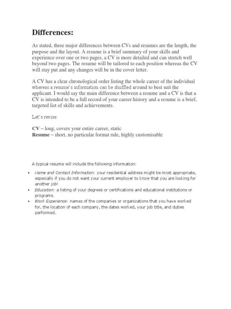 Differences:: CV - Long, Covers Your Entire Career, Static Resume ...