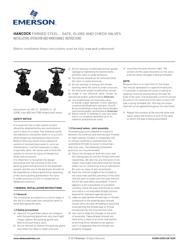 Installation, Operation and Maintenance Instructions: Hancock Forged ...