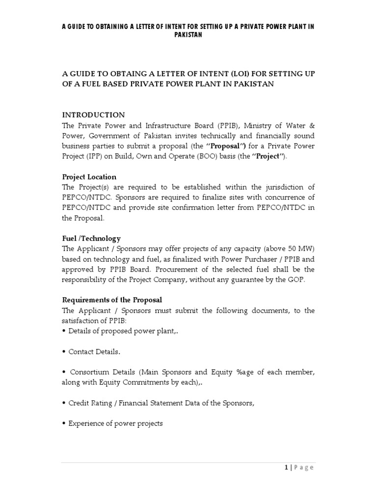 Guide To Obtaing A Letter of Intent For Construction of A Power Plant ...