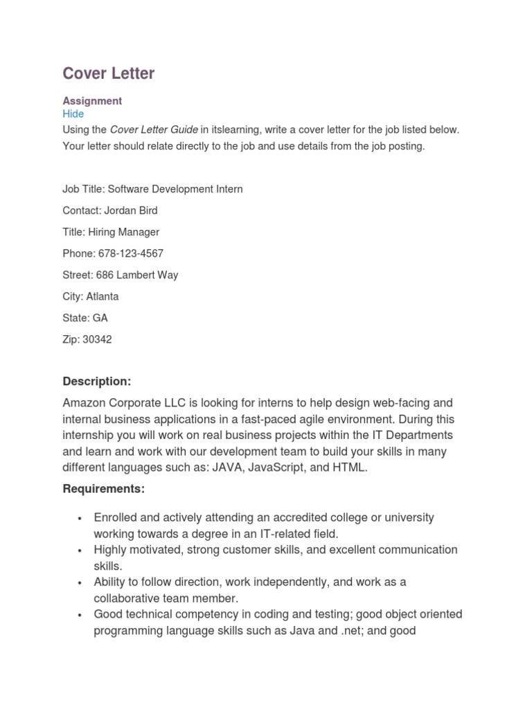 Cover Letter Assignment | Download Free PDF | Internship | Job Hunting