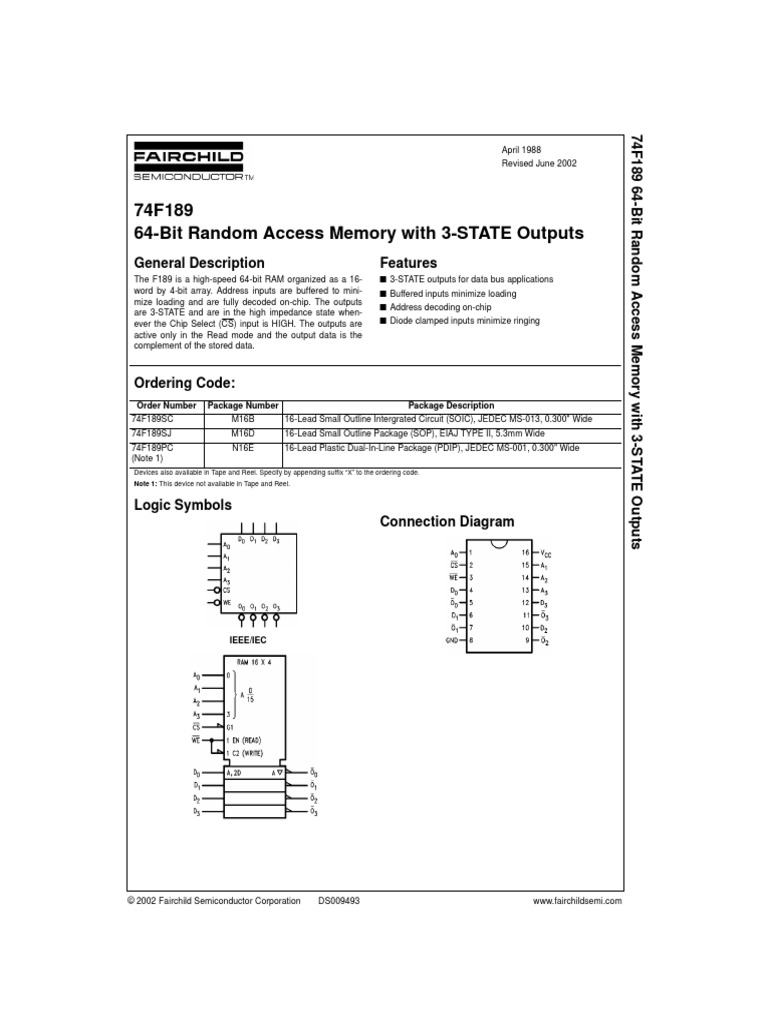 74F189 64-Bit Random Access Memory With 3-STATE Outputs: General Description Features | PDF ...