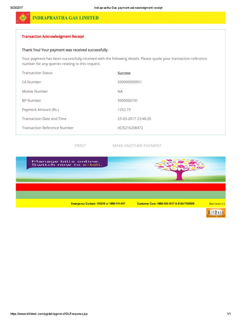 Indraprastha Gas Payment Acknowledgment Receipt | PDF