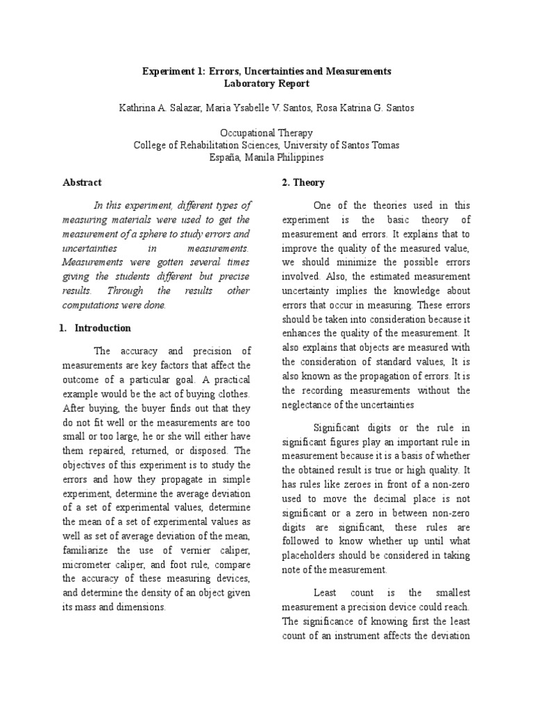 Experiment 1: Errors, Uncertainties and Measurements Laboratory Report | PDF | Significant ...