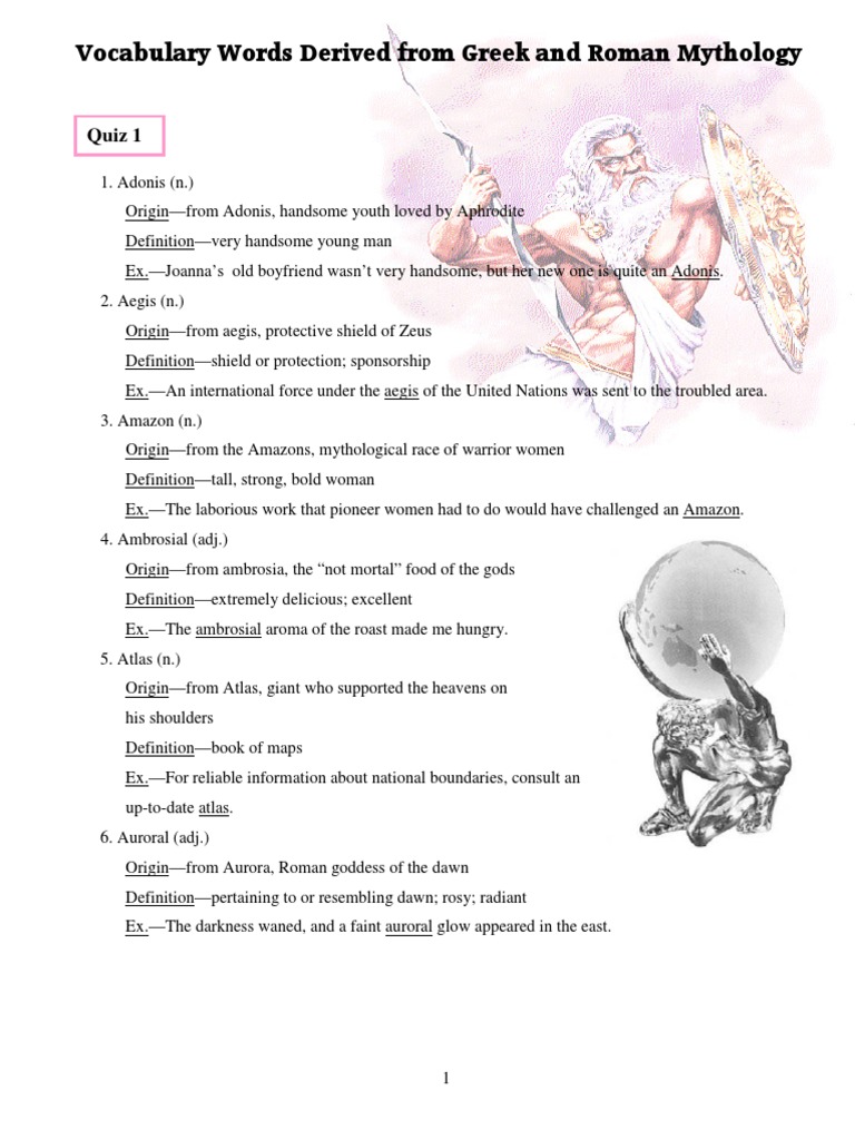 Vocabulary Words Derived From Greek and Roman Mythology: Quiz 1 | PDF ...