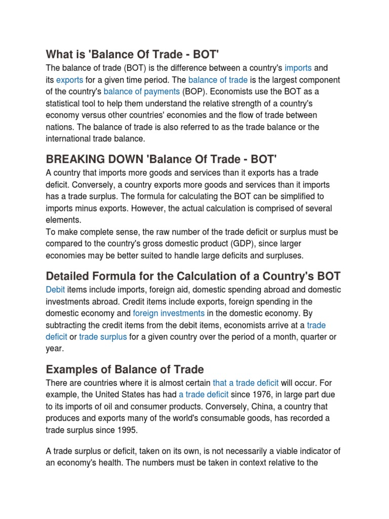 What Is 'Balance of Trade - BOT' | PDF | Balance Of Trade | Government ...