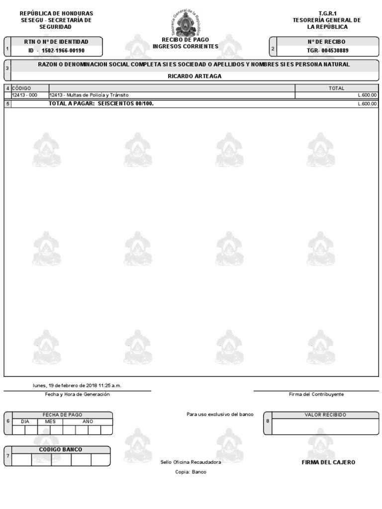 Recibo TGR-1 de Honduras | PDF