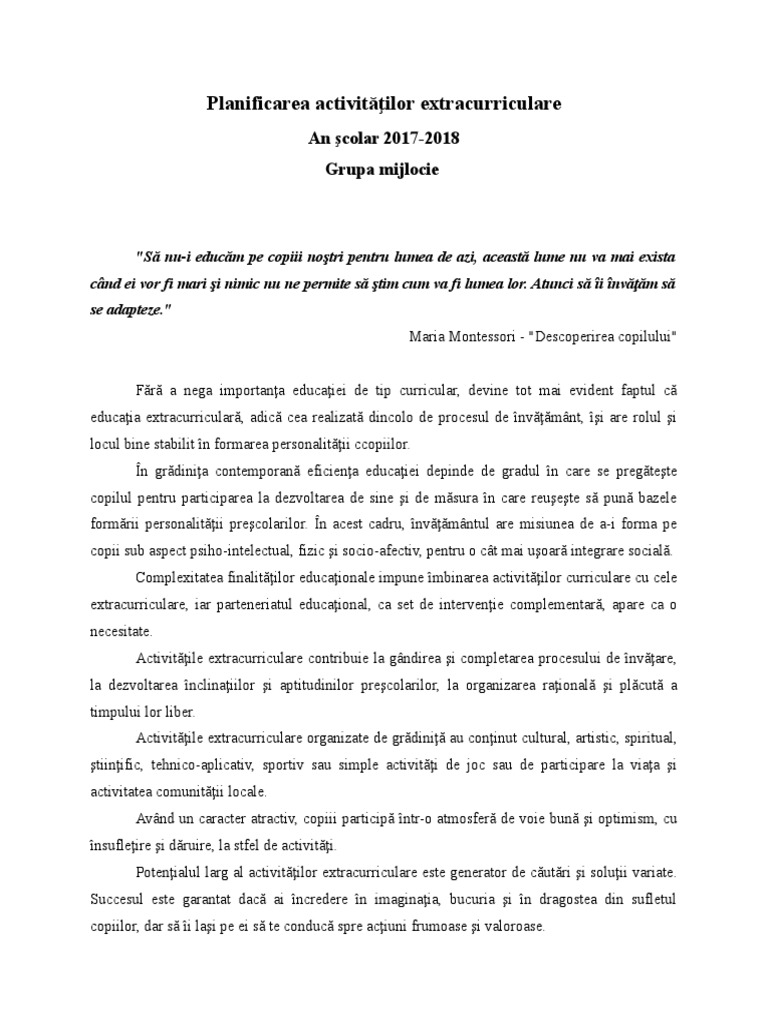 Proiecte Extracurriculare Prescolar | PDF