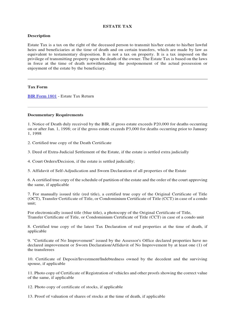 Bir Estate Tax | PDF | Estate Tax In The United States | Debits And Credits