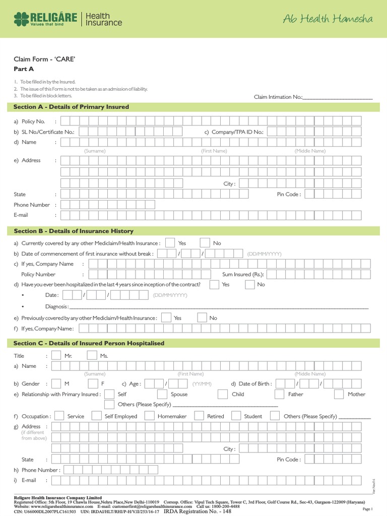 Care Health Insurance Claim Form | PDF | International Statistical ...