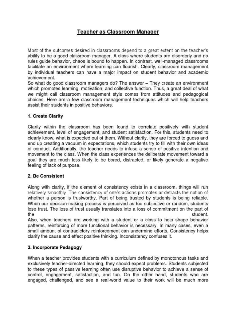 Teacher As Classroom Manager: 1. Create Clarity | PDF | Classroom ...