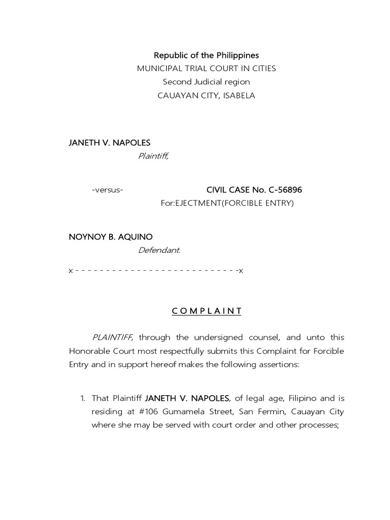 Ejectment Complaint: Napoles vs. Aquino | PDF | Lawsuit | Complaint