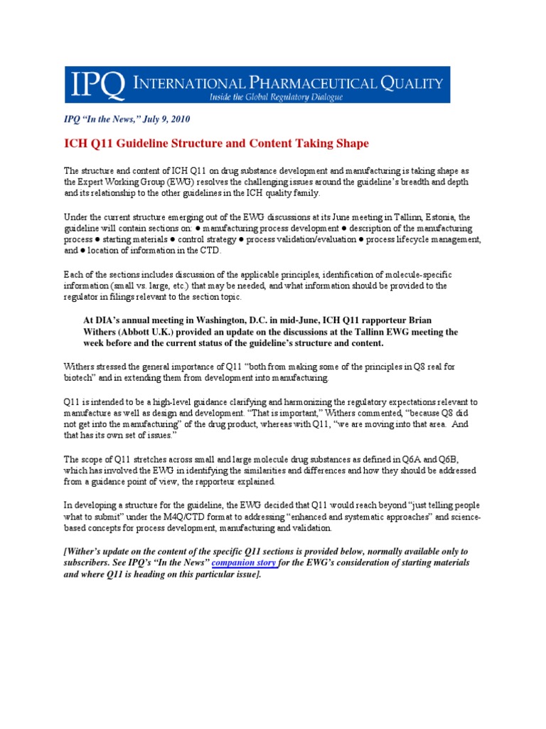 ICH Q11 Guideline Structure and Content Taking Shape | Information | Design