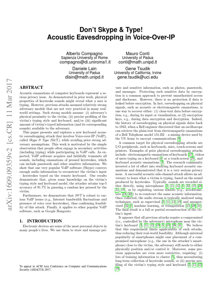 Acoustic Eavesdropping in Voice-Over-IP | PDF | Encryption | Computer ...