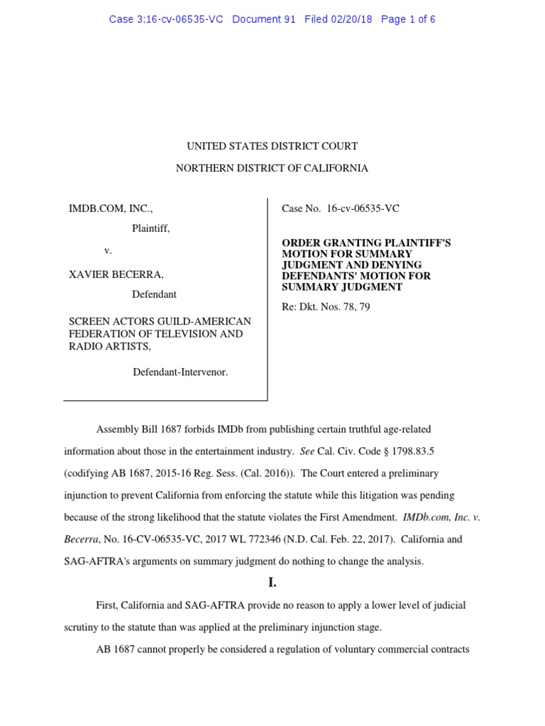 Order Granting Plaintiff'S Motion For Summary Judgment and Denying Defendants' Motion For ...
