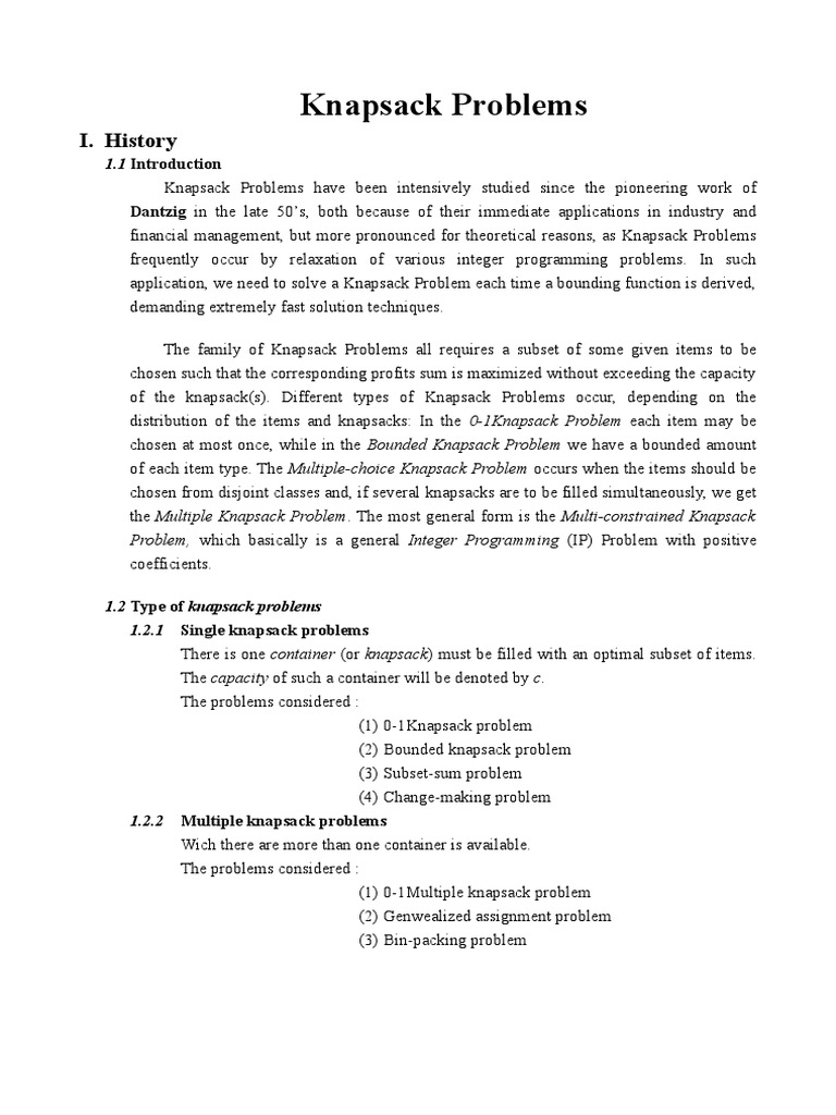 Knapsack Problems: I. History | PDF | Algorithms | Theoretical Computer Science
