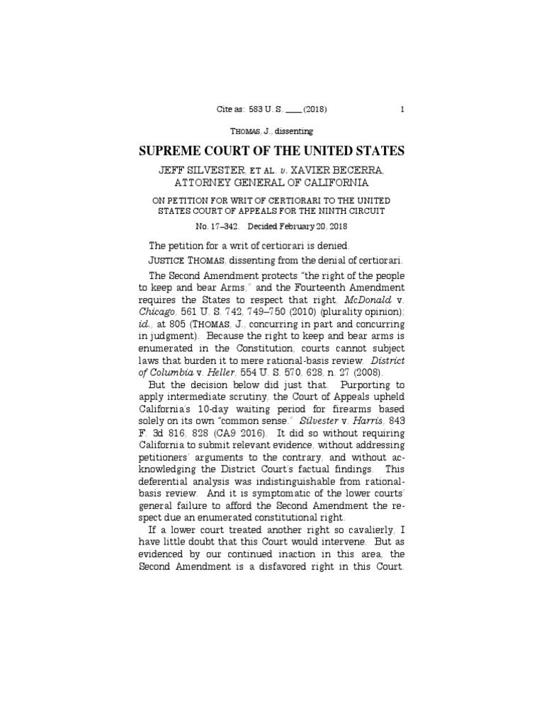 Justice Thomas Dissent On SCOTUS Declining To Hear Petition Against CA ...