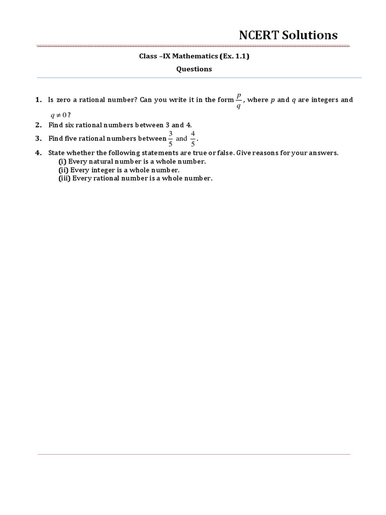 Class IX Math Rational Numbers | PDF | Numbers | Rational Number