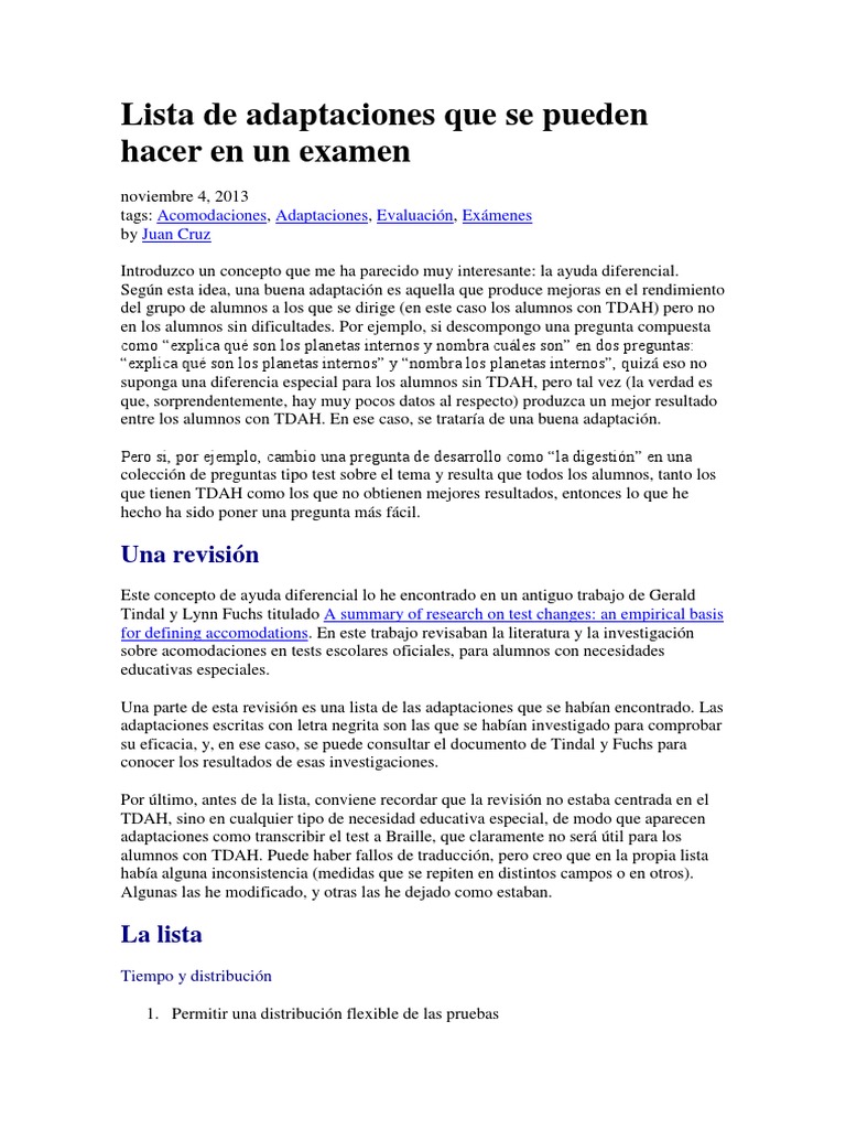 Lista de Adaptaciones Que Se Pueden Hacer en Un Examen TDH | PDF ...
