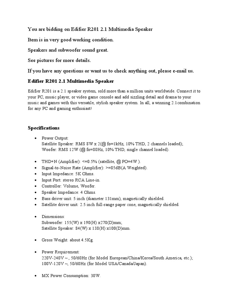 Edifier R201 2.1 Multimedia Speaker | PDF | Loudspeaker | Auction