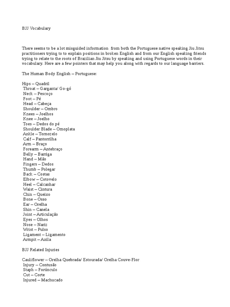 BJJ Vocabulary | PDF | Brazilian Jiu Jitsu | Mixed Martial Arts Styles