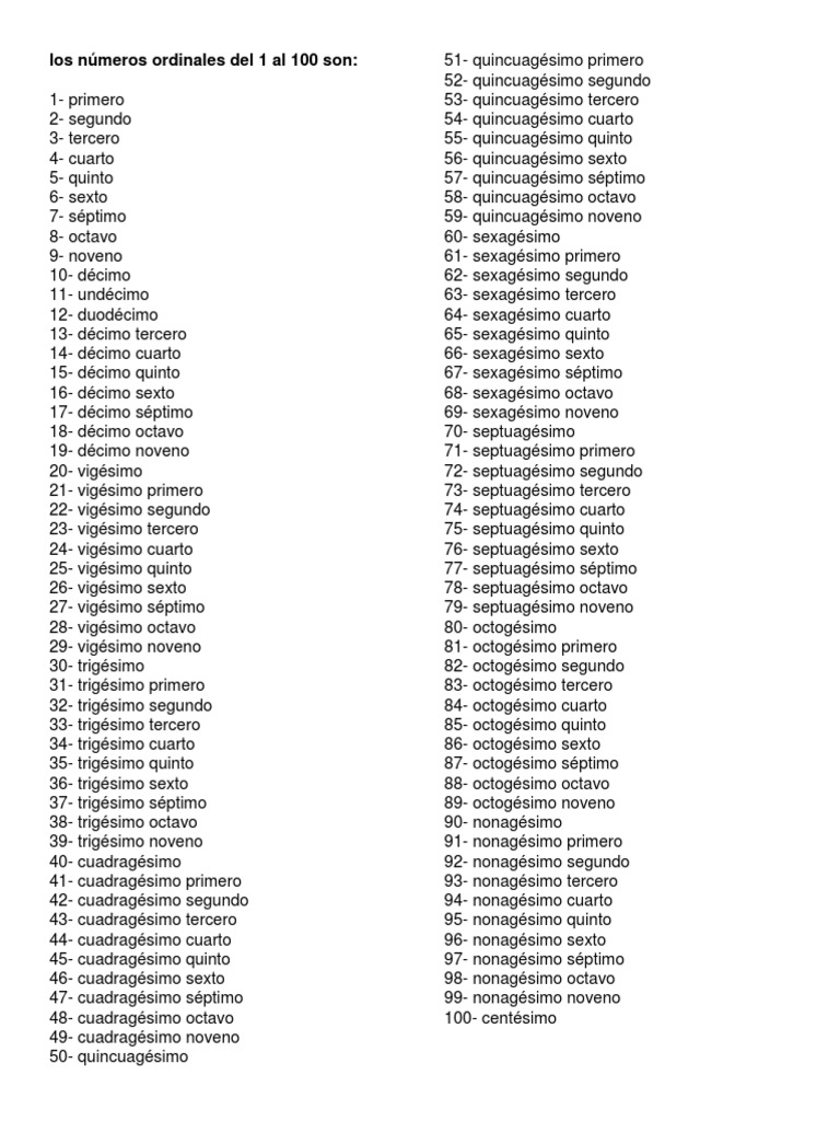 Lista De Numeros Ordinais 1 100