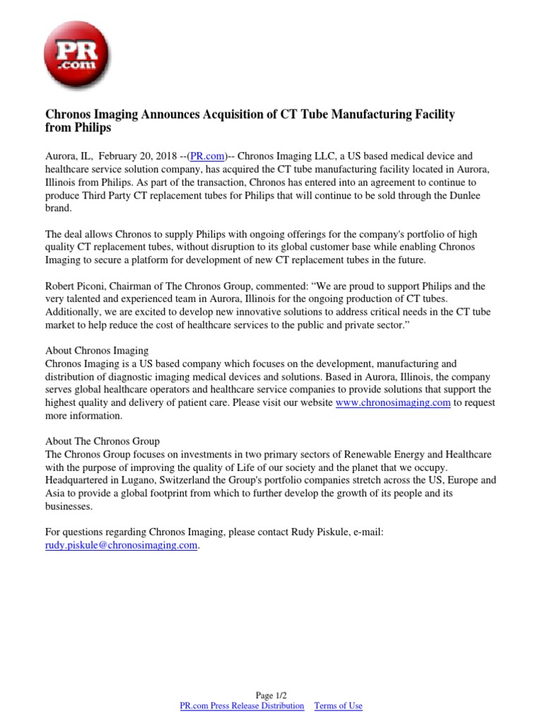 Chronos Imaging Announces Acquisition of CT Tube Manufacturing Facility ...