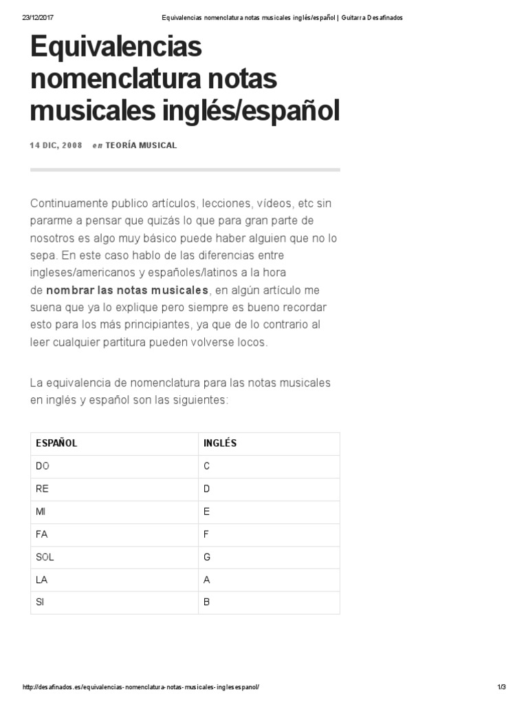 Equivalencias de la nomenclatura de las notas musicales inglés⁄español ...