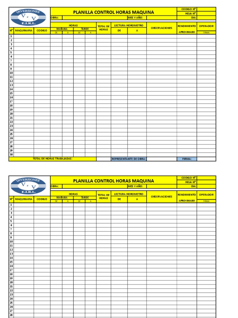 Planilla Control de Maquinaria