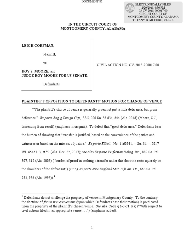 Corfman vs. Moore: Venue Opposition | PDF | Defamation | Lawsuit