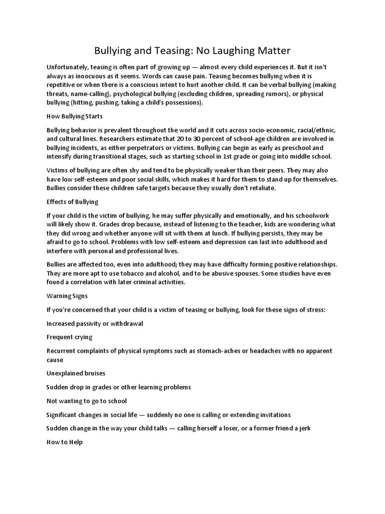 Bullying and Teasing: No Laughing Matter | PDF | Bullying | Aggression