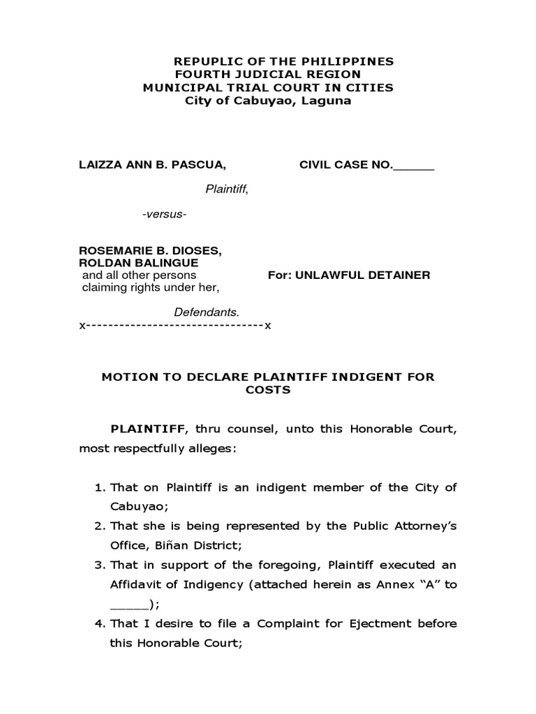 Motion To Declare Plaintiff Indigent For Costs | PDF