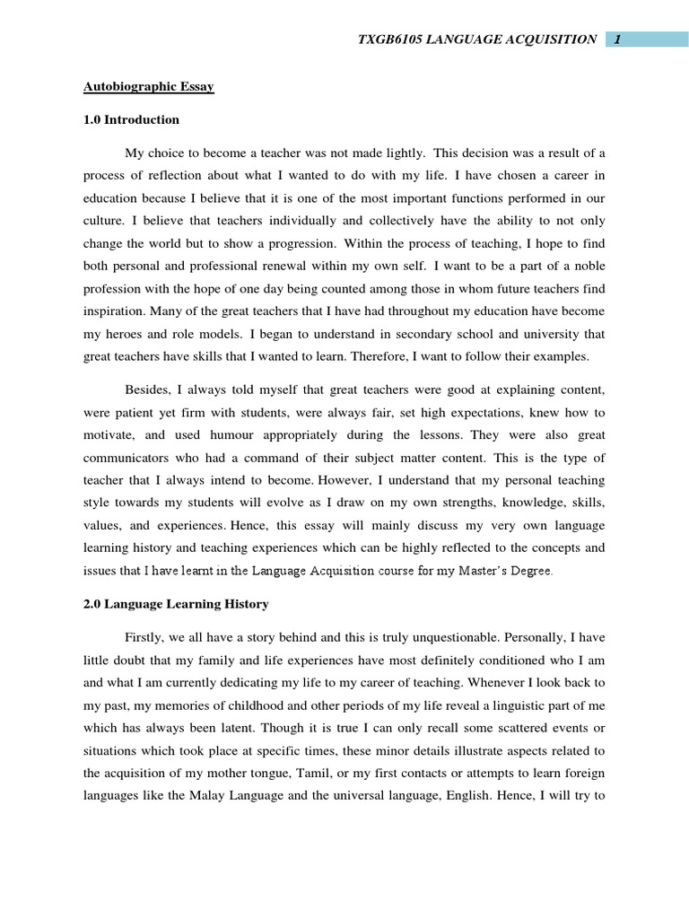Autobiographic Essay: 1 Txgb6105 Language Acquisition | PDF | Teachers ...