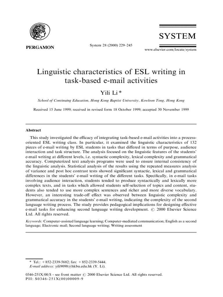 Linguistic Characteristics of ESL Writing in Task-Based E-Mail ...