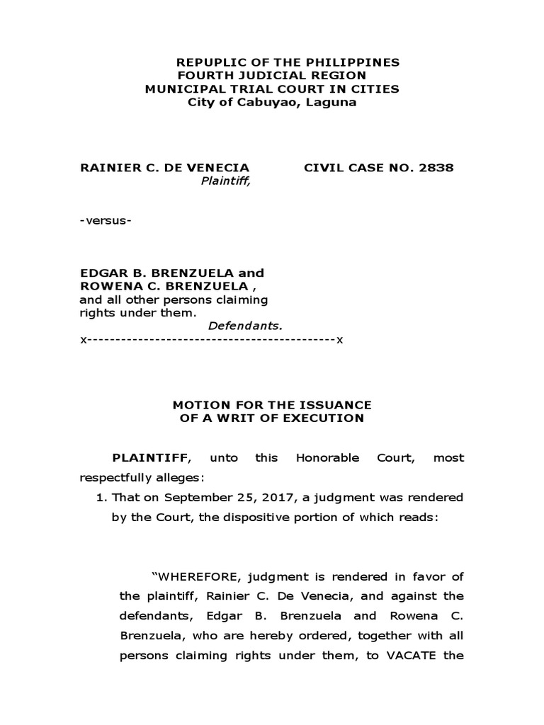 Motion For Writ of Execution - Ejectment - Rainier de Venecia ...