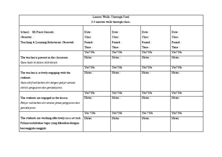 Lesson Walk-Through Tool 3-5 Minute Walk Through Class.: Guru Hadir Di ...