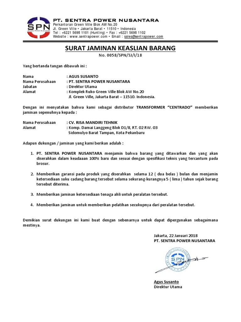 Surat Jaminan Keaslian Barang CV, Risa | PDF