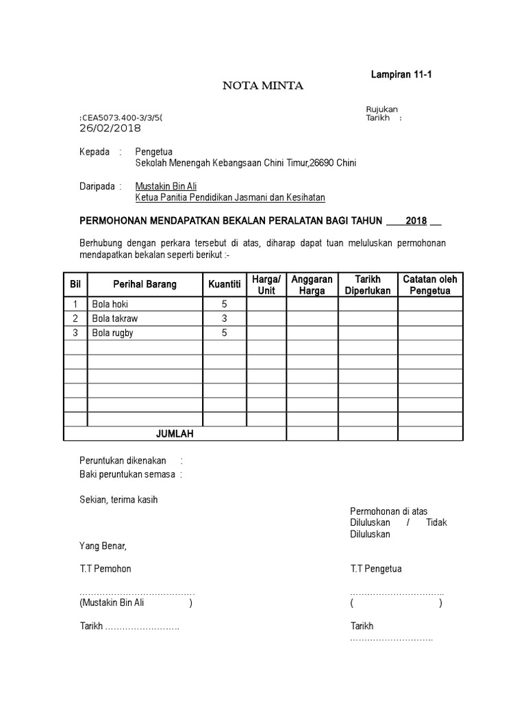 Nota Minta Panitia Pendidikan Jasmani | PDF