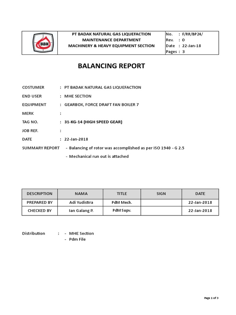 Balancing Report: PT Badak Natural Gas Liquefaction Maintenance ...