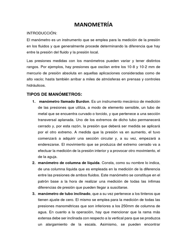 MANOMETRÍA | PDF | Medida de presión | Cantidad