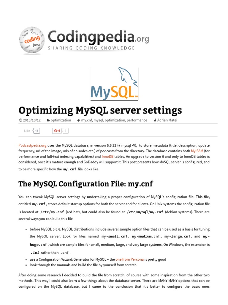 Optimizing MySQL Server Settings Codingpedia | PDF | Cache (Computing) | My Sql