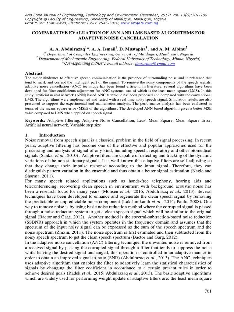 Comparative Evaluation of Ann and LMS Based Algorithms For Adaptive ... Comparative Evaluation of Ann and LMS Based Algorithms For Adaptive ...