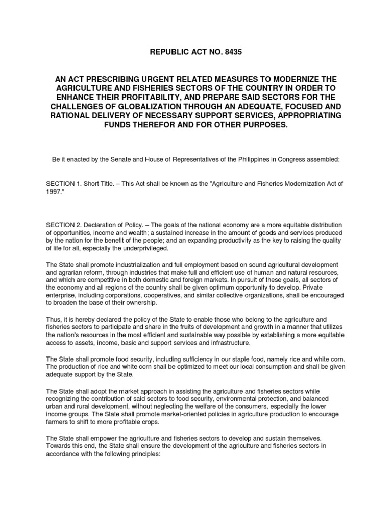 Republic Act 8435 | Download Free PDF | Agriculture | Food Security