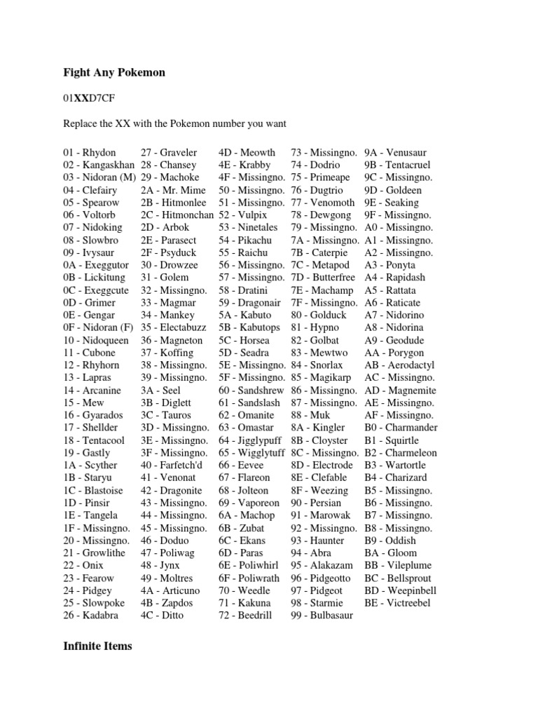 Cheats For Yellow | PDF | Menu | Pokémon