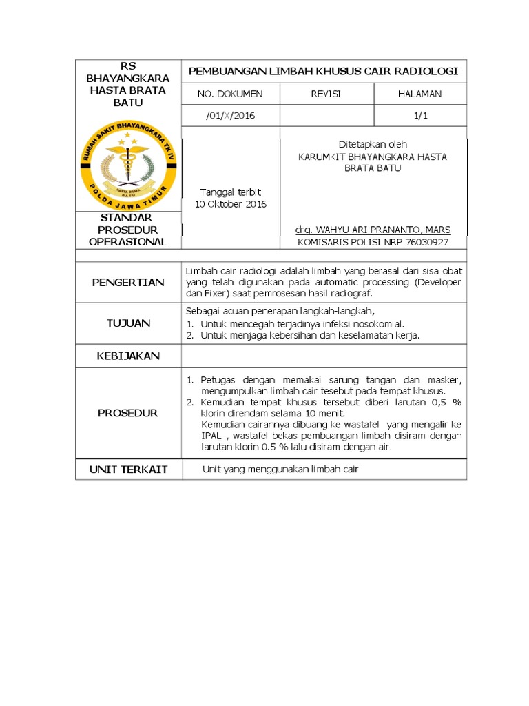 Sop Pembuangan Limbah Cair Radiologi | PDF