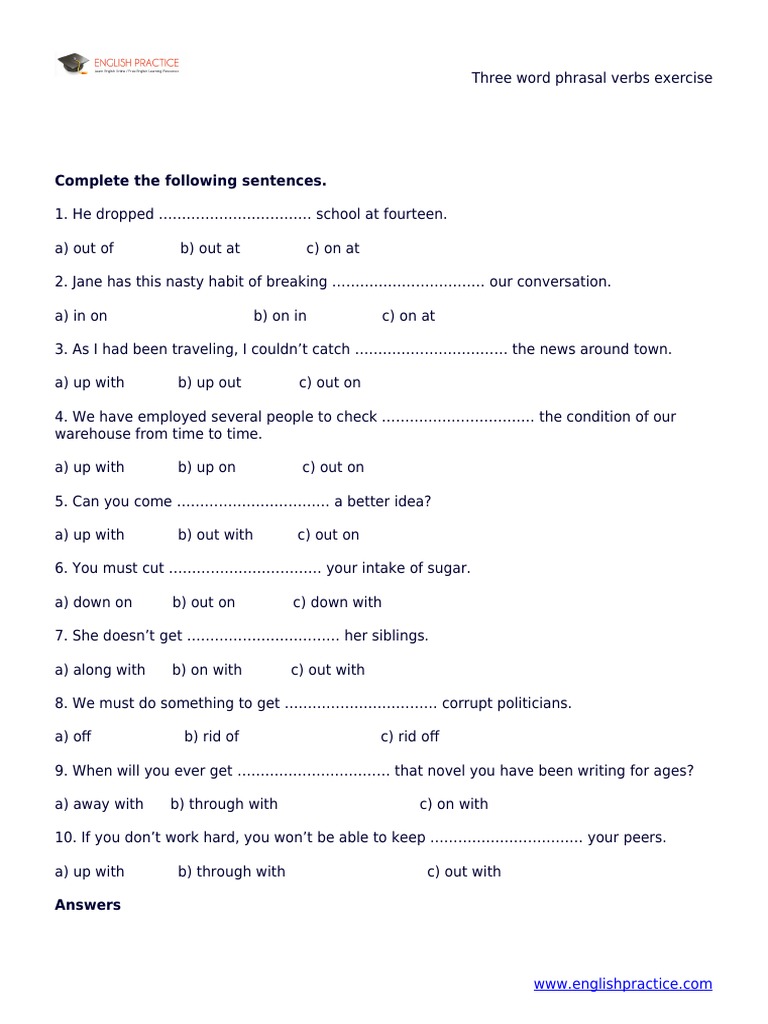 Three Word Phrasal Verbs Exercise | PDF | Linguistic Typology | Semantics