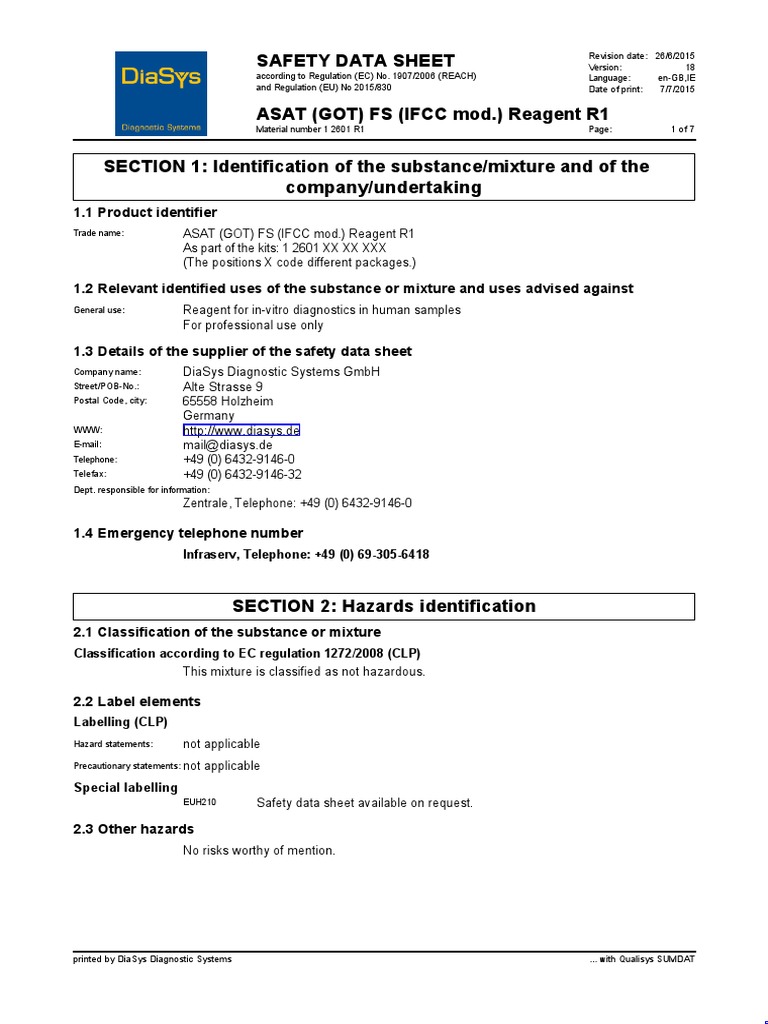 Asat Got Fs Ifcc Mod. Reagent R1-En-Gb-18 | PDF | Toxicity | Dangerous Goods