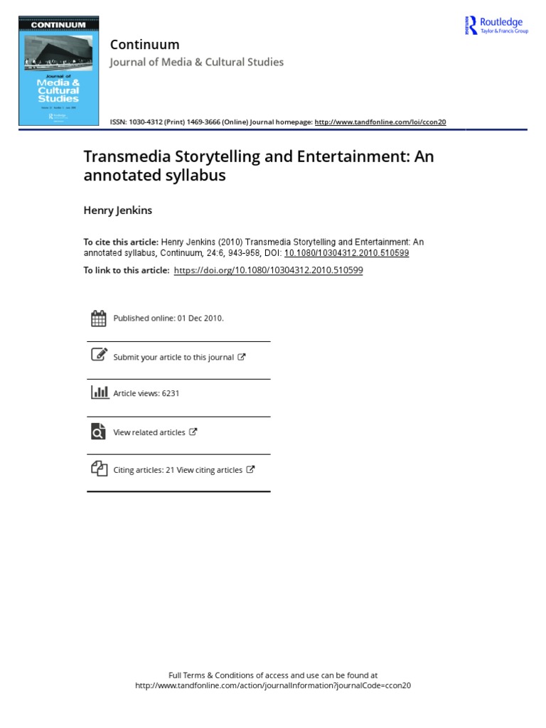 Jenkins-Transmedia Storytelling and Entertainment An Annotated Syllabus ...