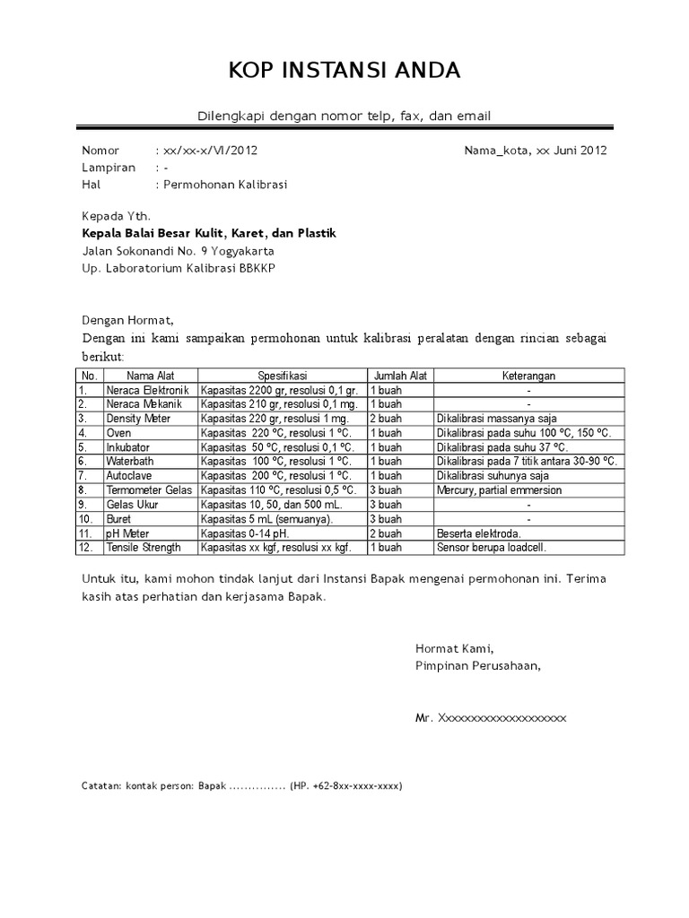 Contoh Surat Pengajuan Kalibrasi | PDF | Sains & Matematika