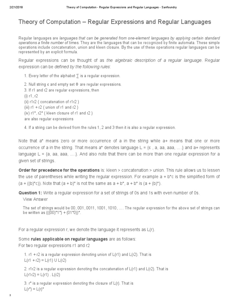 Theory of Computation - Regular Expressions and Regular Languages ...